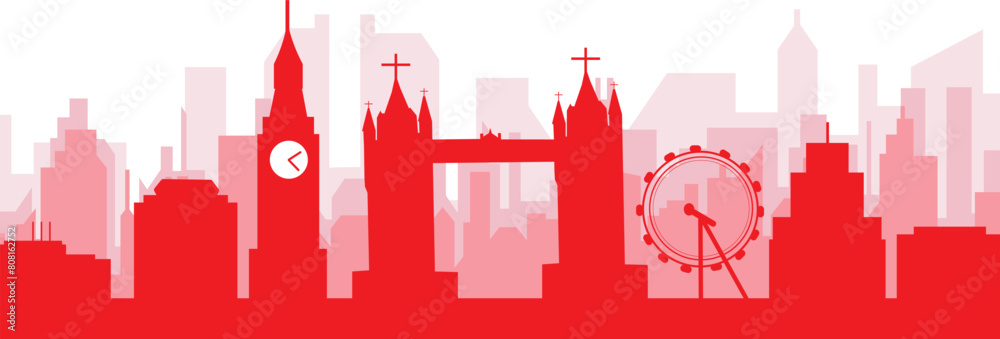 Red panoramic city skyline poster with reddish misty transparent ...