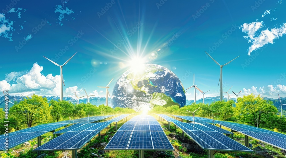 The earth with solar panels and wind turbines, concept of ...