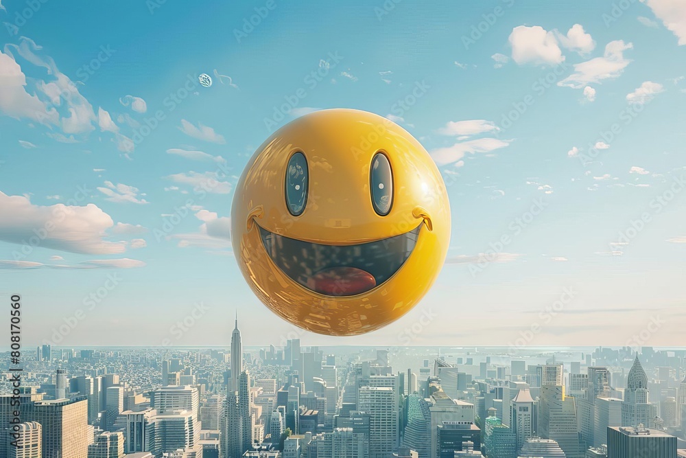 giant smiling yellow emoji face floating above the city humorous ...