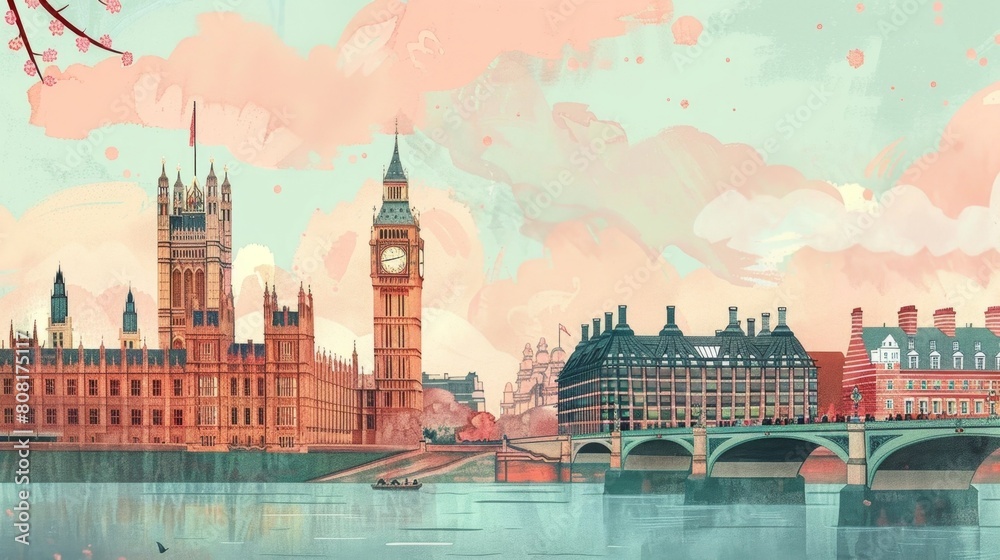Charming London Featuring Pastel Colors and Iconic Landmarks Stock ...