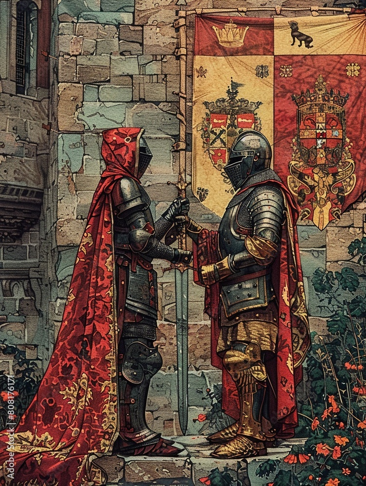 A knighting ceremony, with the new knight receiving his armor and sword ...