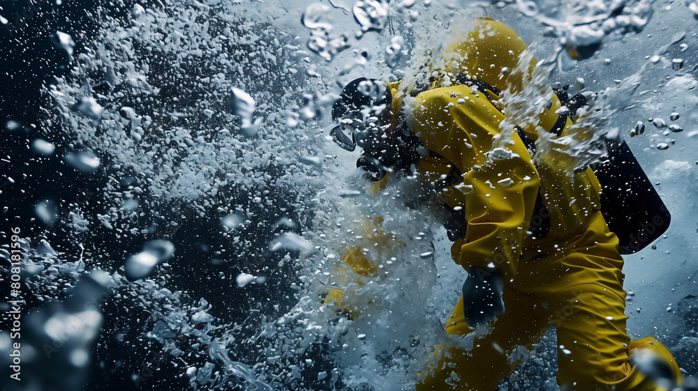 Diver exploring underwater environment, ecosystem damaged by global ...
