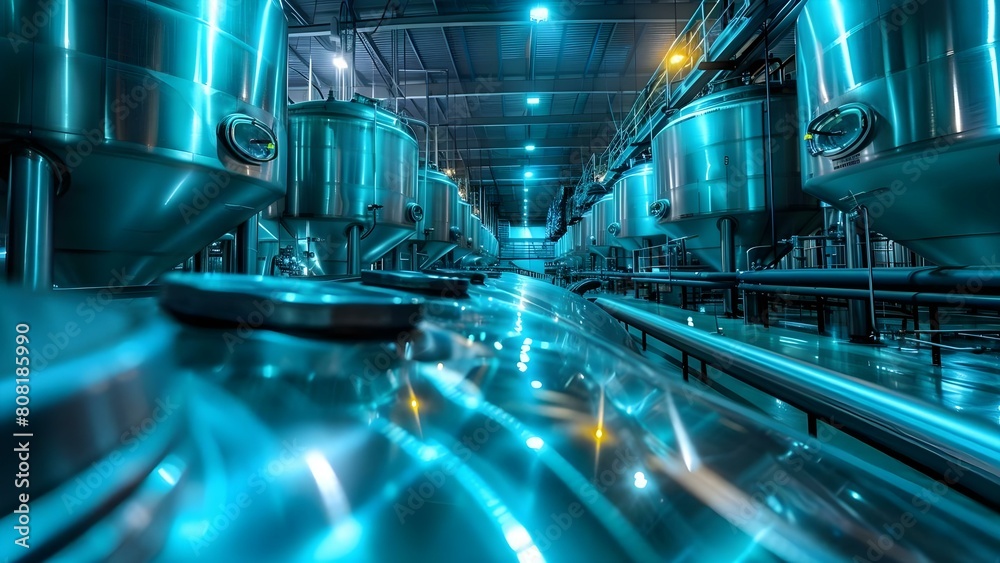 Steel fermentation tanks in modern alcohol production factory hall ...