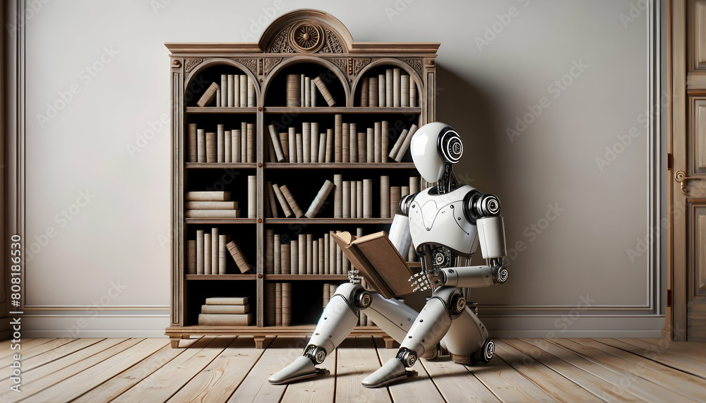 Robot Reading a Book in Front of a Wooden Bookshelf Filled with Books ...