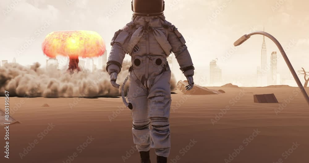 A Person Walking Away from a War-Torn City. An Atomic Bomb Explodes ...