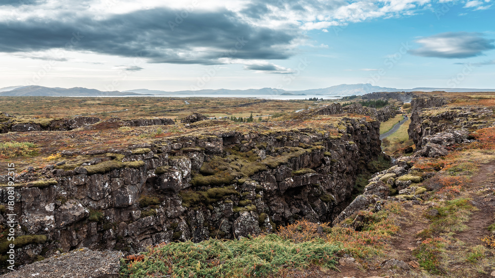 Almannagja fault, long rocky gorge in Iceland. Golden Circle ...