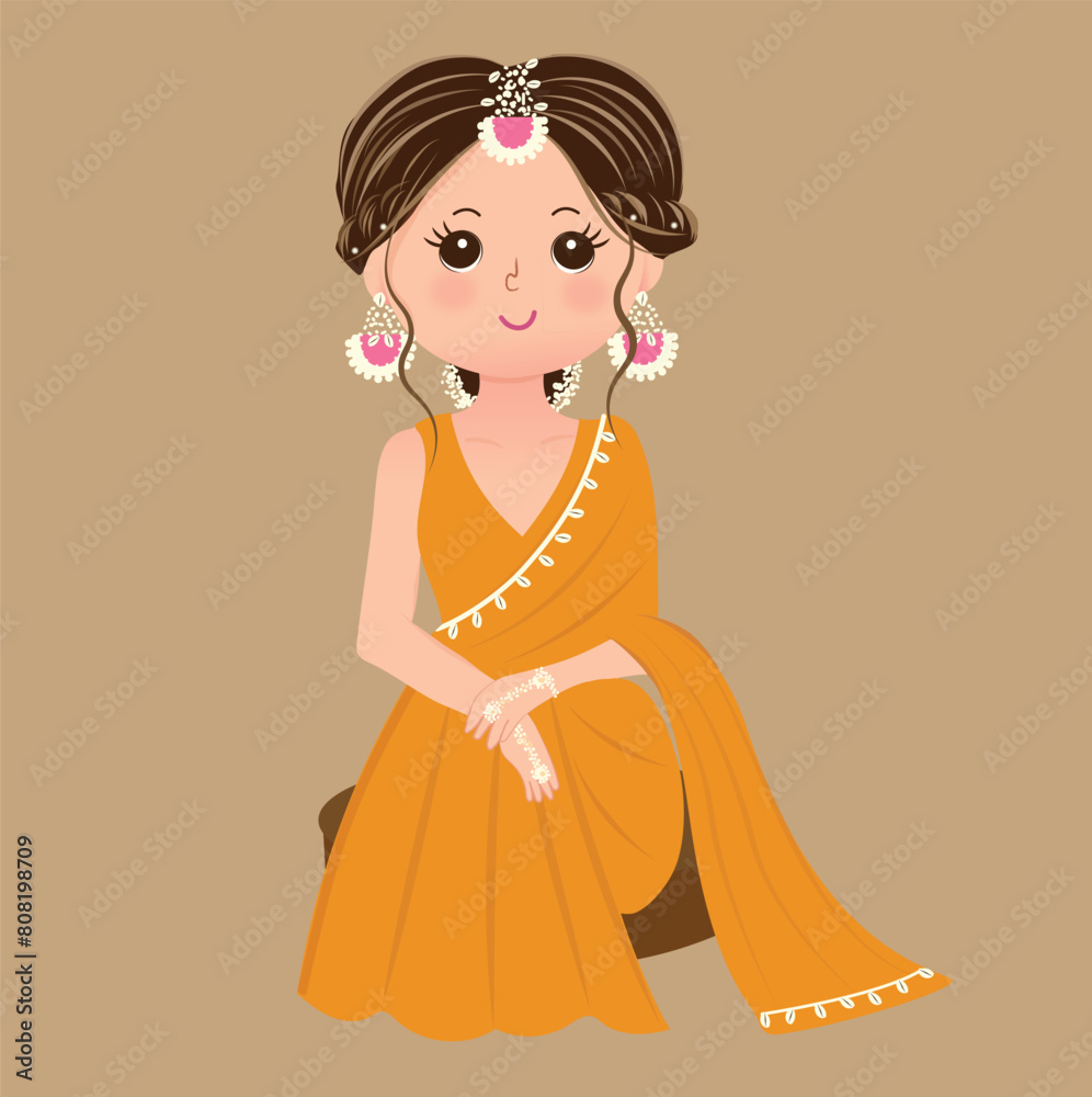 haldi bride illustration cute girl in yellow saree for haldi traditions ...