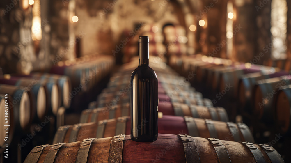 Red wine bottle mock up on on top of an old barrel, rows of barrels ...