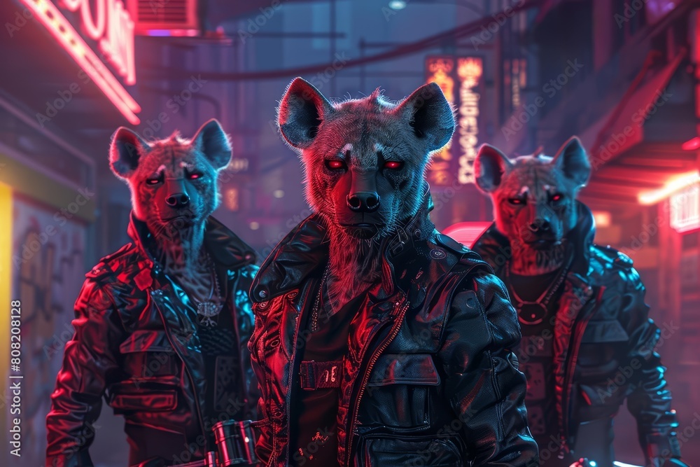 Futuristic cyber of a pack animal, featuring hyenas in biker gang ...