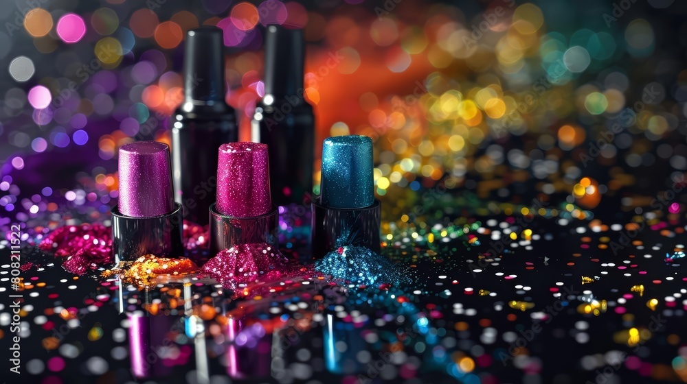 Nail polishes and their vibrant explosion scattering, set against a ...