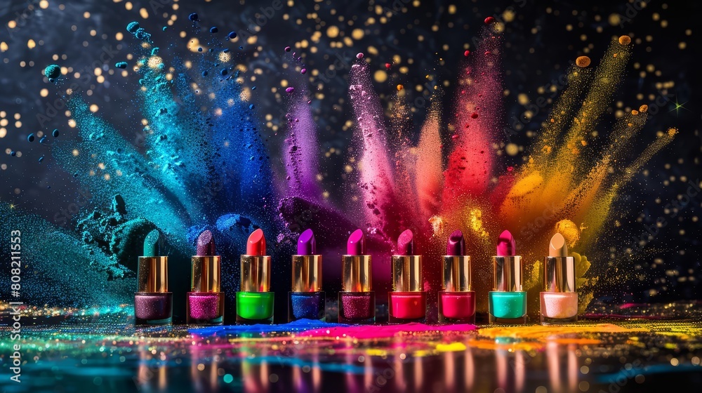 Nail polishes and their vibrant explosion scattering, set against a ...