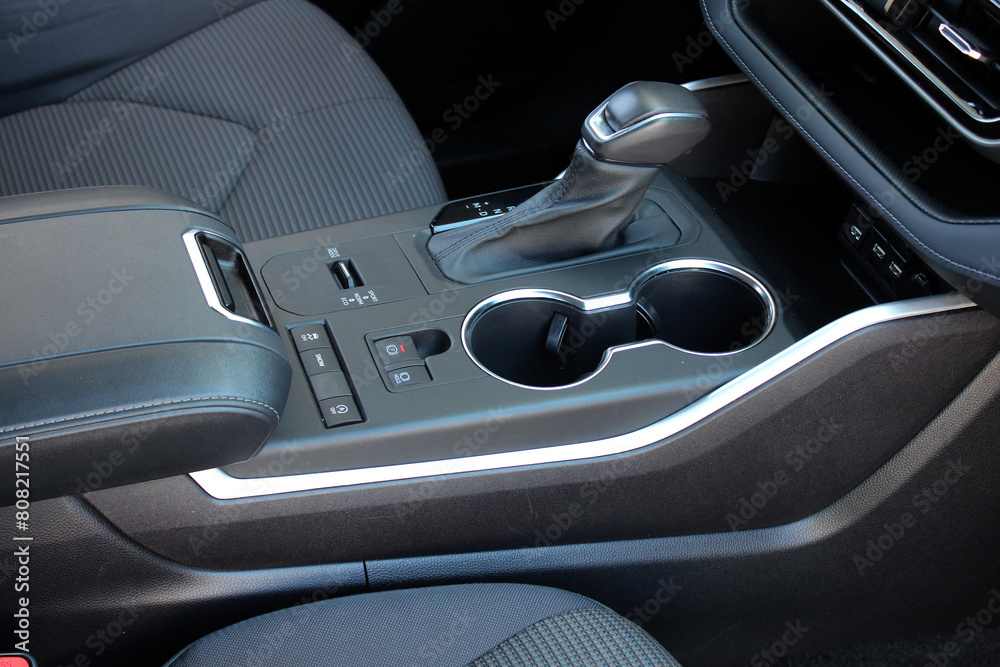 Automatic transmission shift selector in the car interior. Closeup a ...