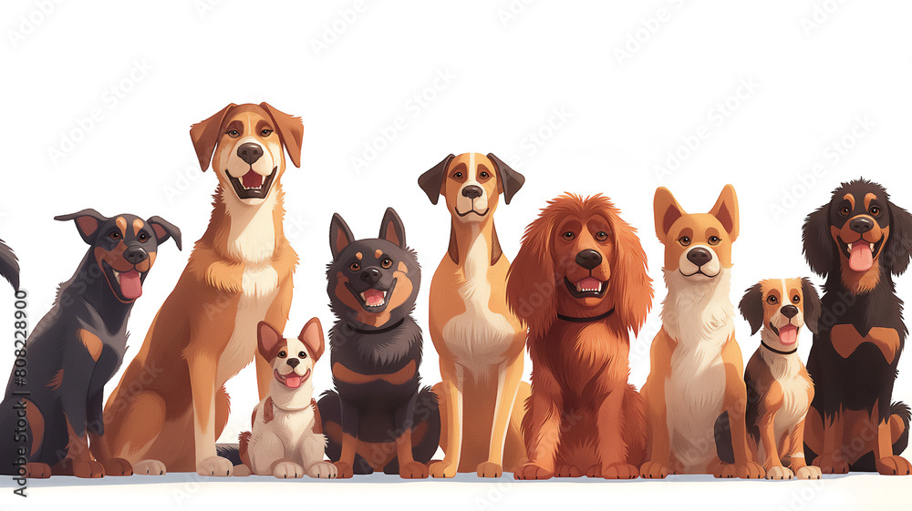 A diverse group of seven animated dogs of different breeds and sizes ...