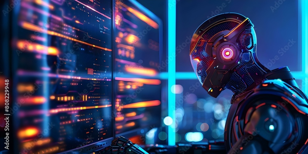 Futuristic AI background: Employee entering complex password on ...