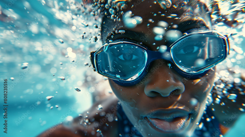 Closeup of young black female swimmer underwater swimming wearing ...