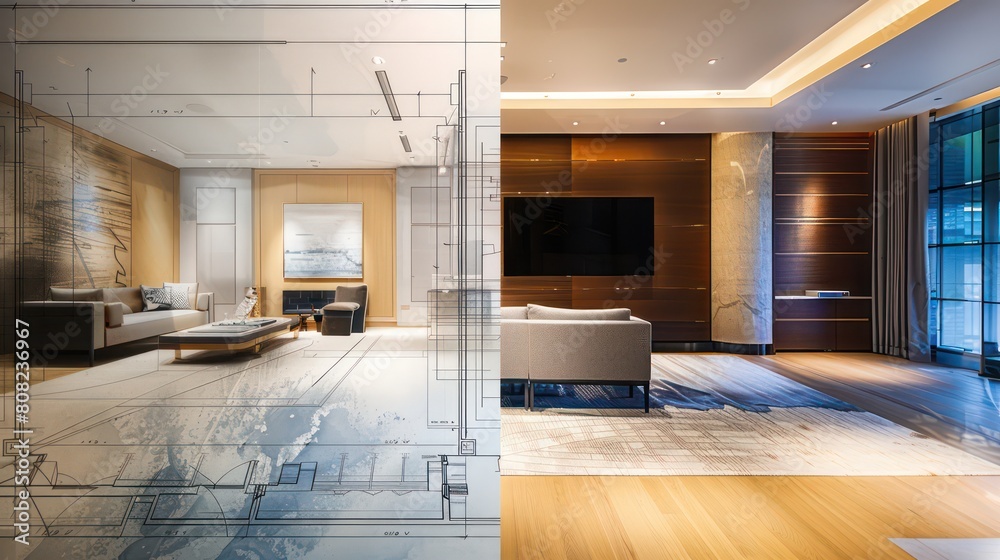 split architectural comparison of an empty room and its architectural ...