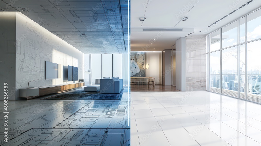split architectural comparison of an empty room and its architectural ...