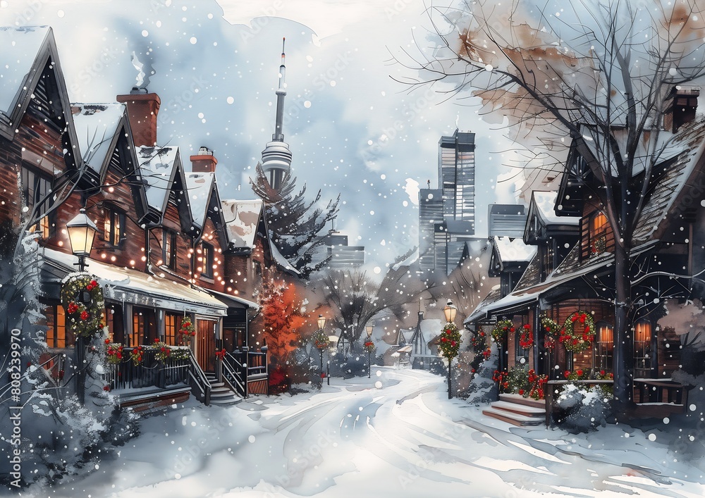 snowy street scene city background gorgeous tower stunning drawing ...