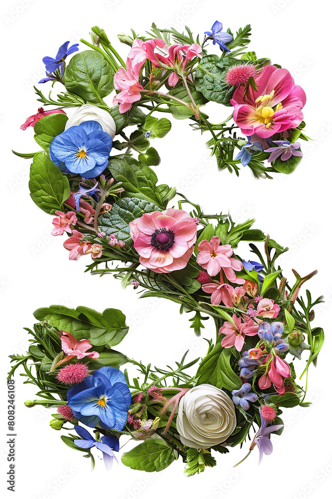 Flower font alphabet S made of colorful floral letter isolated on white background. Spring or ...