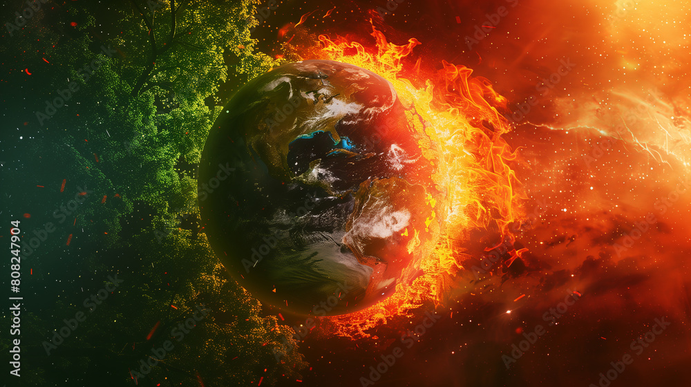 Planet Earth divided in half, one side green and lush with trees and ...