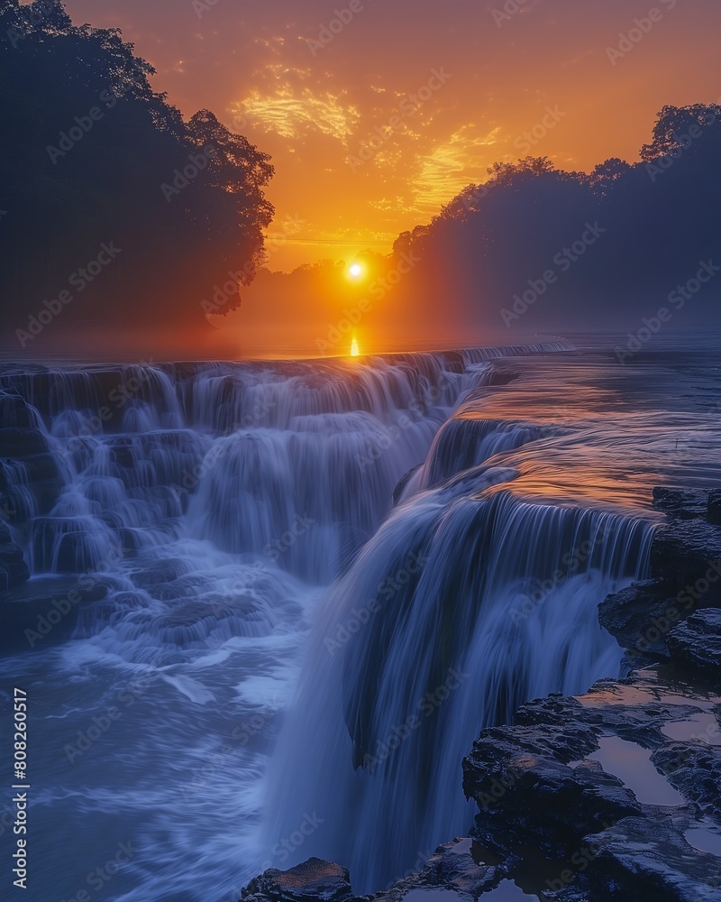waterfall sunset background trees foreground sunrise stunning large ...