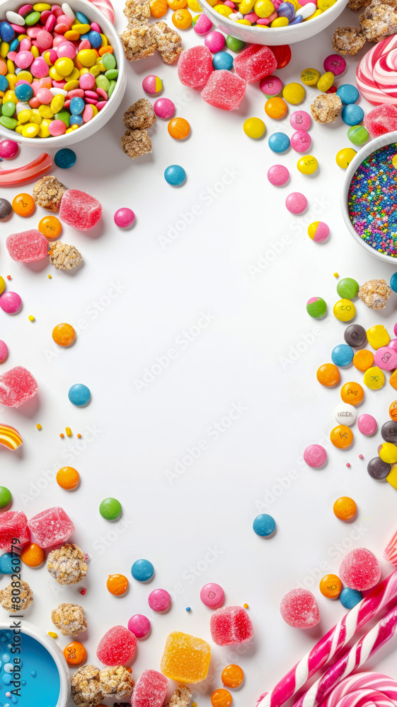 Frame design with colorful candy. Ready to use card, template for party ...