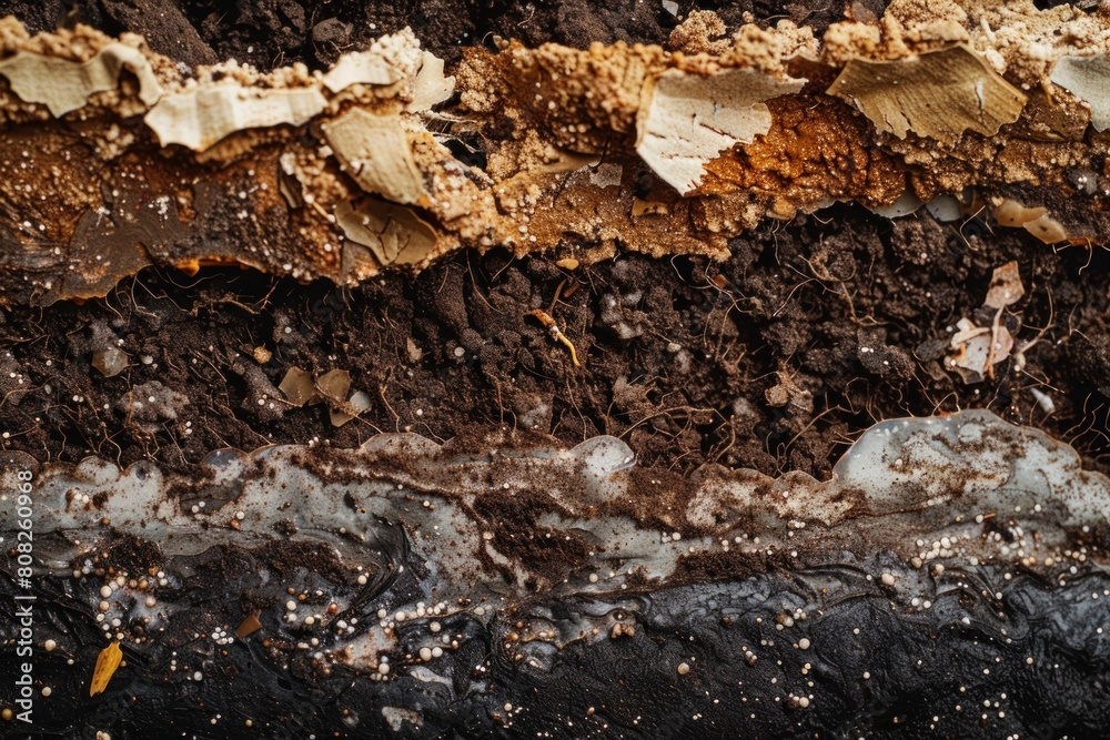 Cross-section of soil displaying multiple layers with varied textures ...