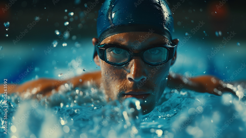 Athletic white man swimming in the pool. Portrait of a professional ...