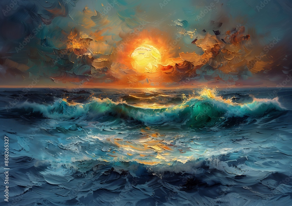 sunset ocean waves stunning large twin vague sun oil paint deep sprites ...