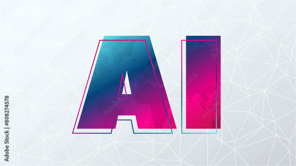 Artificial intelligence. Blue pink gradient AI symbol with world map ...