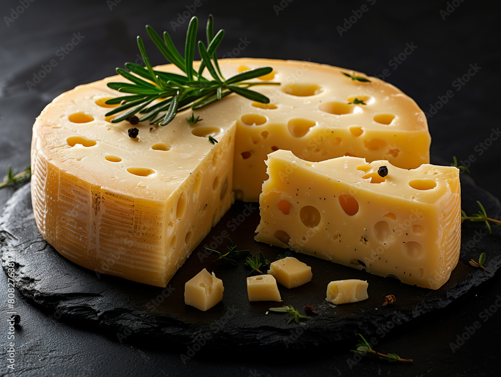 Round cheese high resolution photo slice cut placed side isolated black ...