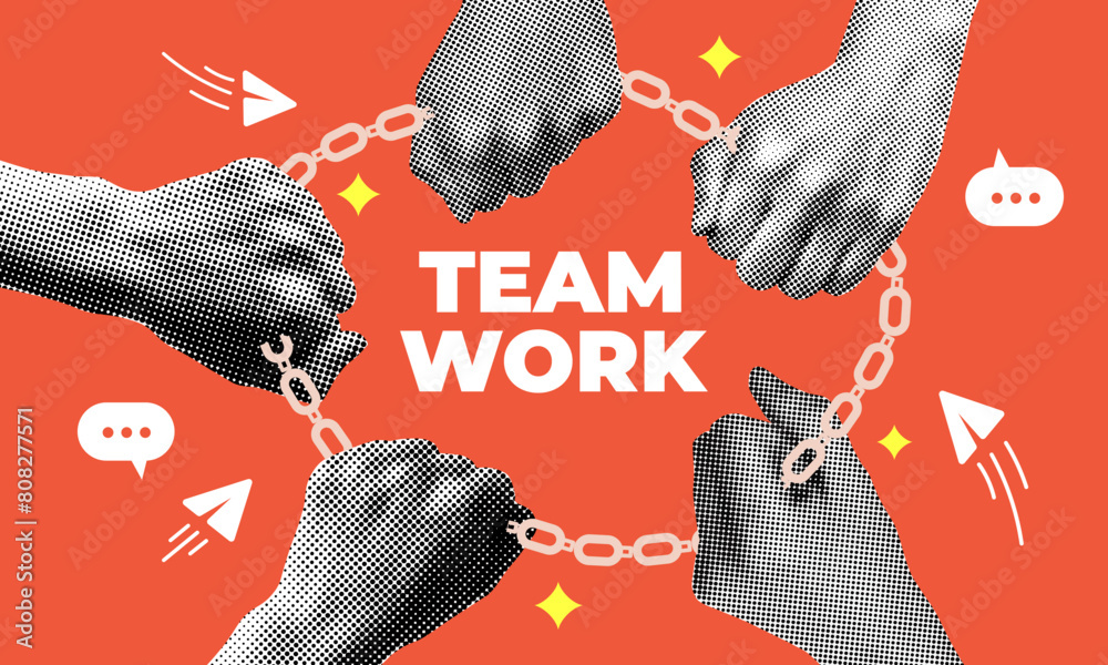 Teamwork concept. Modern collage. Retro halftone hands holding the ...