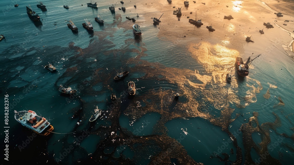 Devastating oil spill. fish and marine life dying, boats surrounding ...