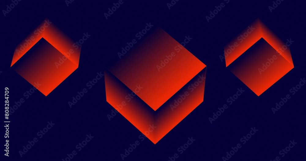 Bright Orange gradient color cubes moving and rotating over navy blue ...