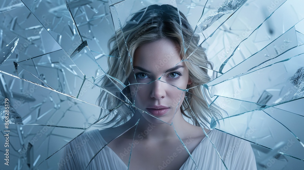 A woman's face is reflected in a broken mirror. The concept of ...