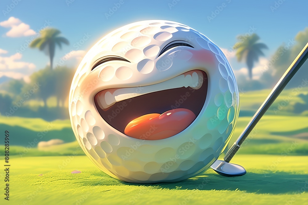 happy cartoon golf ball with eyes and tongue sticking out on the green ...