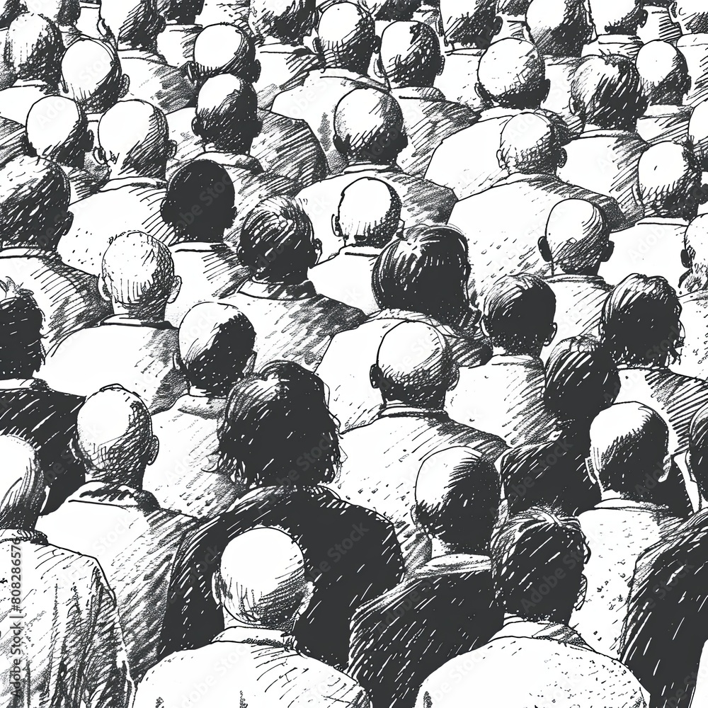 The black and white drawing shows a crowd of people and we can only see ...