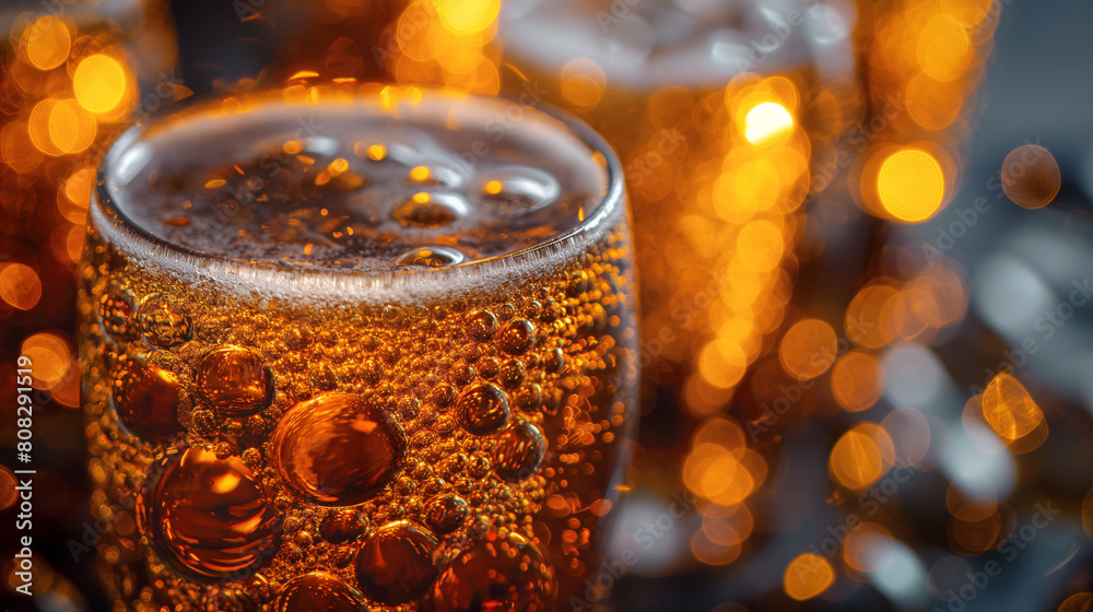 A close-up shot capturing the effervescence of freshly poured beer in a ...