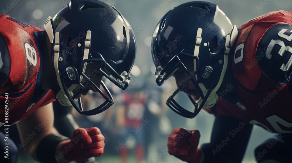 Two american football players confront each other wearing helmets and ...