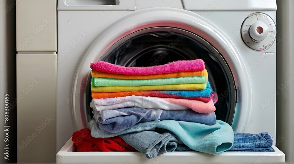 pile of clothes in a washing machine. Stack of clothes in front of a ...