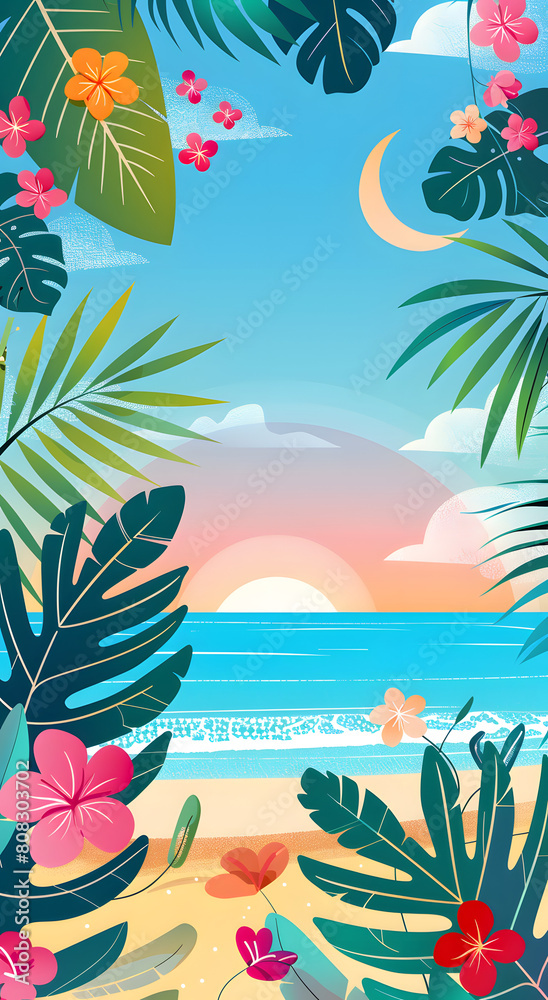 A simple flat template of summer beach with palm leaves and flowers ...