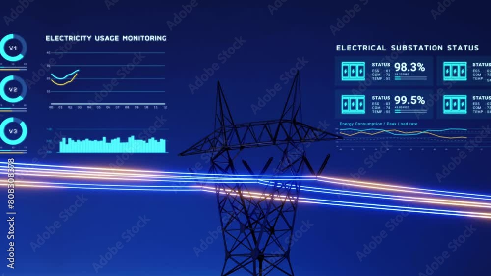 Electric transmission tower with glowing electricity flowing ...