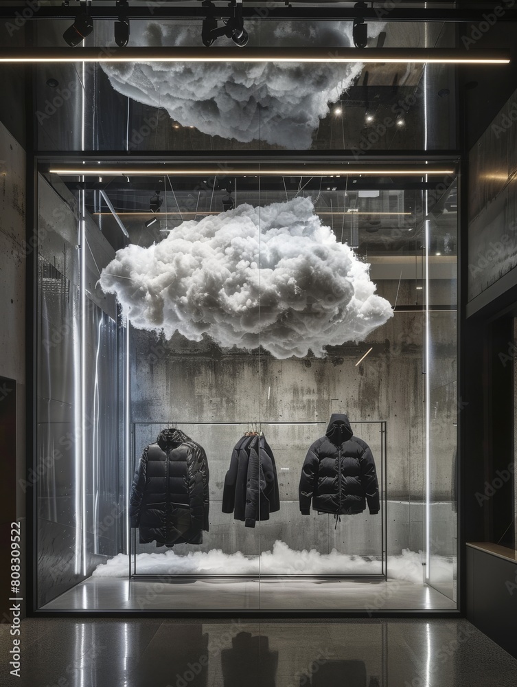 Inside view of a sophisticated boutique window featuring a dramatic ...