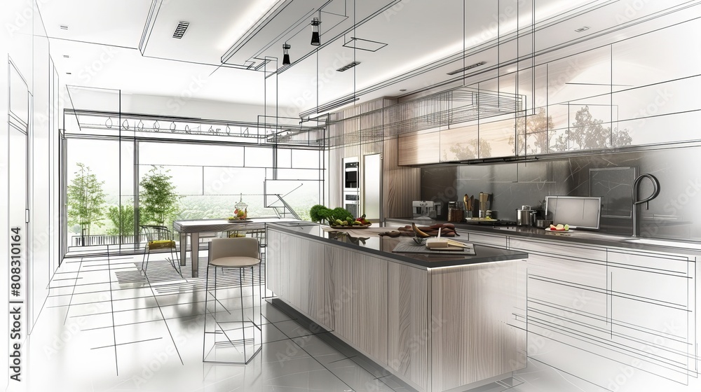 An abstract sketch design of an interior kitchen is rendered in 3D ...