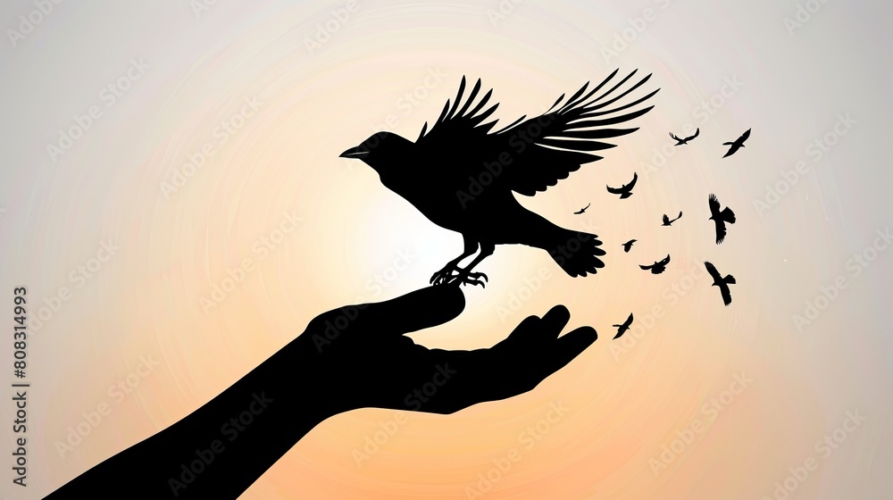 Illustrating the concept of freedom, a bird takes flight from an open ...