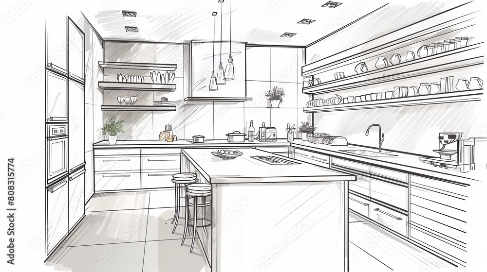 Linear sketches depict the interior of a kitchen, emphasizing ...