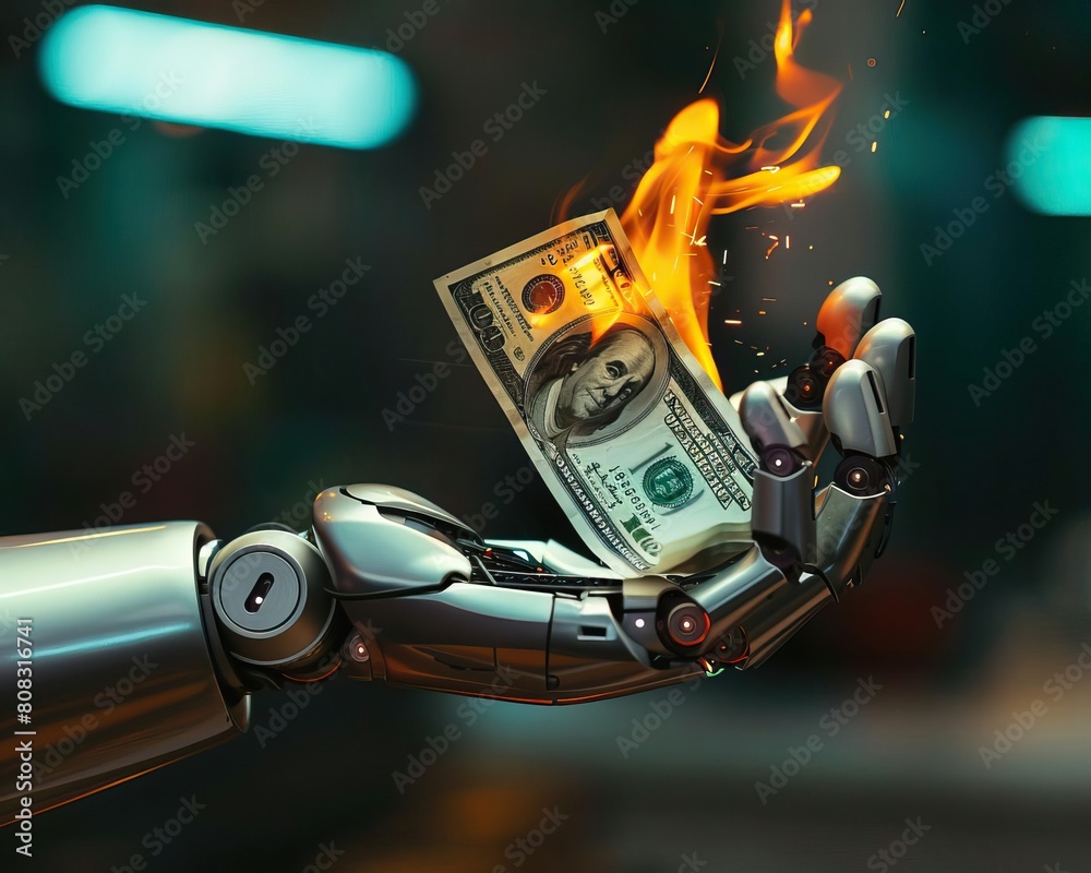 The robot hand is holding a burning money. It seems like the robot is ...