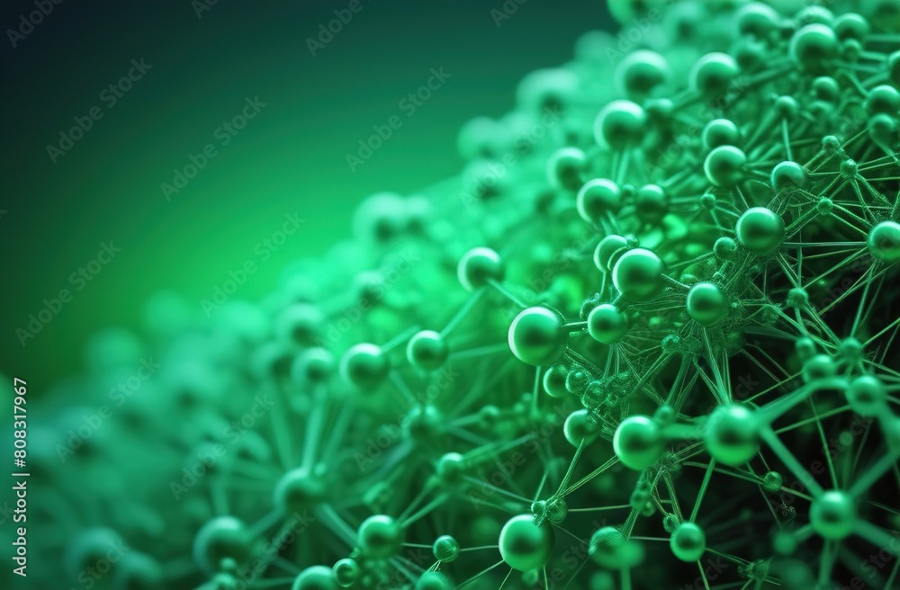 Microscopic green particles have a rounded shape. They are connected by ...