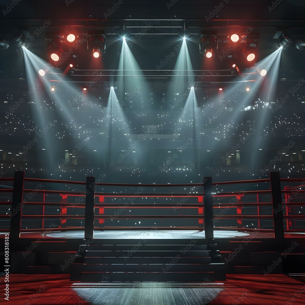 Empty boxing ring with focused spectators and illuminated spotlight ...