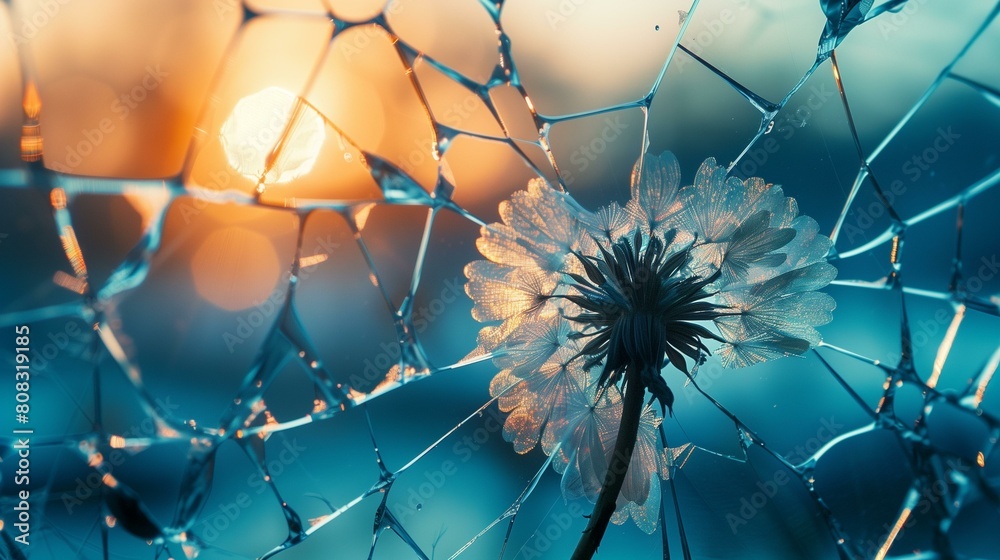 Fragility concept, shattered glass distorts fragments dandelion flower ...